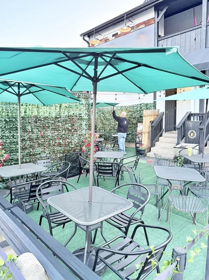 The outdoor patio where summer memories are made. Those turquoise umbrellas provide shade for both your ice-cold beer and your increasingly pink nose.