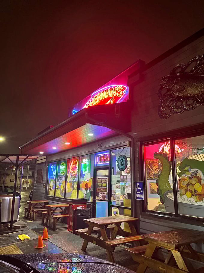 After dark, the neon glow transforms Fisherman's Market into a beacon of culinary hope&mdash;like Vegas, but with significantly better seafood.