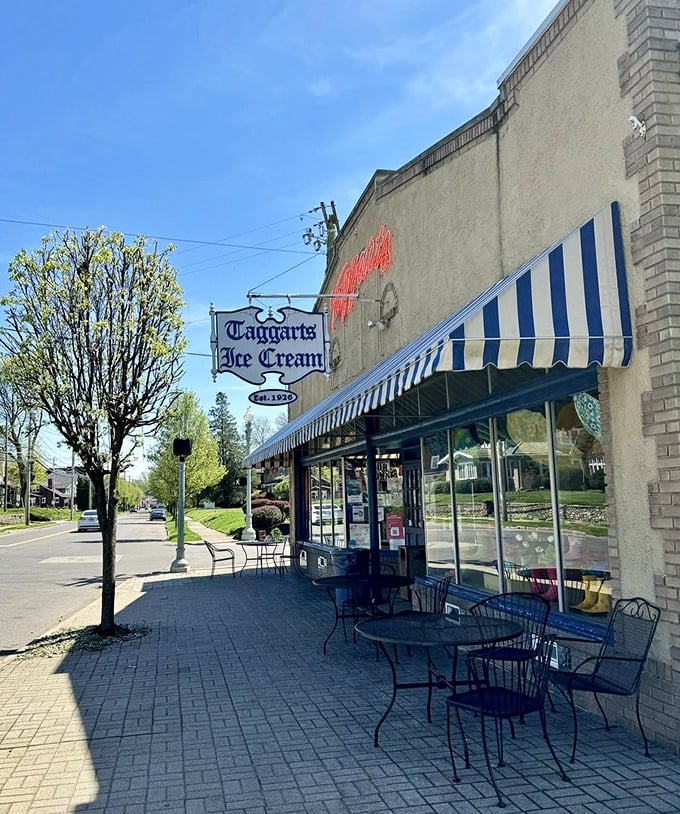 On sunny days, the outdoor seating area becomes prime real estate &ndash; where the only thing better than ice cream is ice cream with a side of people-watching.