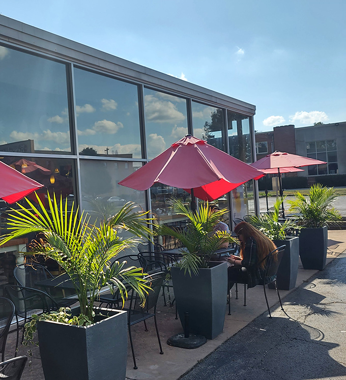 Red umbrellas and palm plants create an unexpected oasis. The kind of outdoor seating that makes you linger long after your cup is empty.