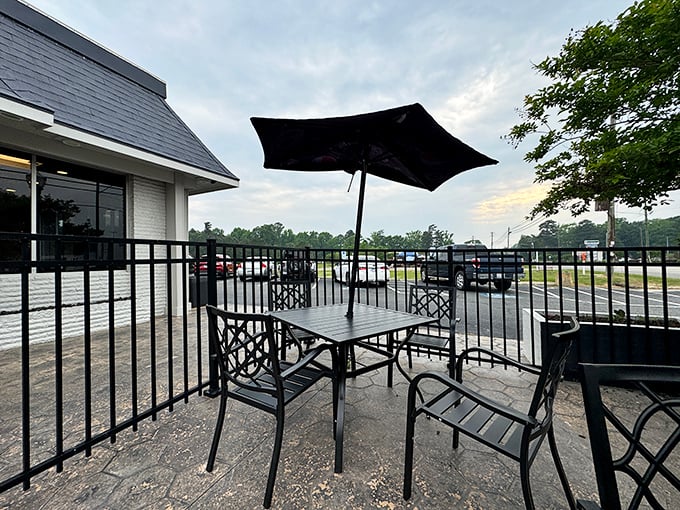 The outdoor seating area offers a breath of fresh air with your meal. Sometimes a burger just tastes better under an open sky.