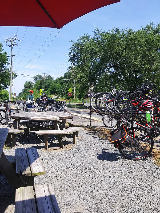 Where barbecue meets fresh air. The outdoor seating area with bike rack nearby makes this spot a perfect pit stop for cyclists and road-trippers alike.