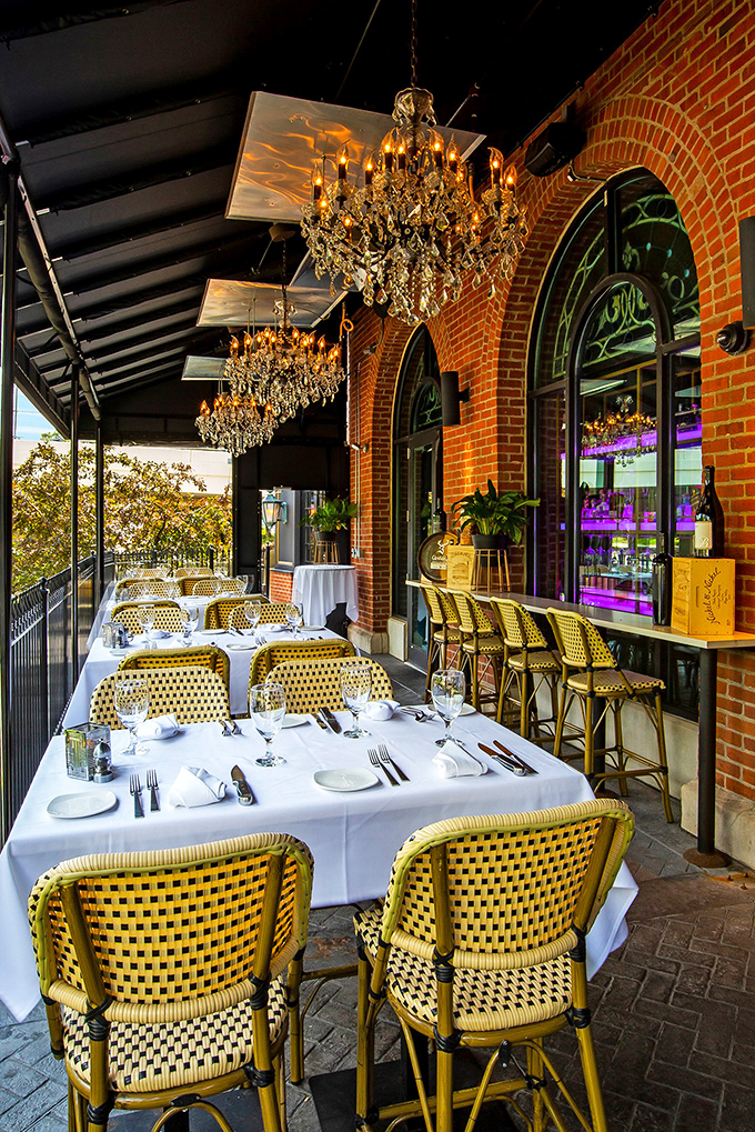 Outdoor dining under chandeliers? Jeff Ruby's doesn't do casual &ndash; even fresh air gets the luxury treatment here.