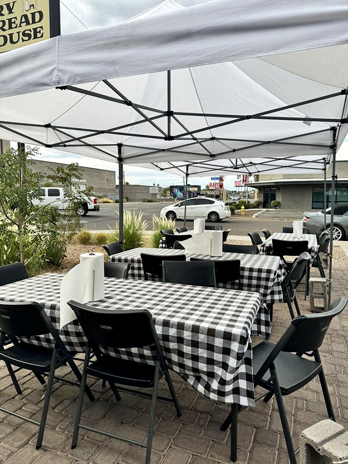 The outdoor seating area offers black-and-white checked tablecloths and the promise of enjoying your fry bread taco under the vast Arizona sky.