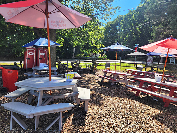 Outdoor seating that invites you to stay awhile. Under these umbrellas, island time slows down and food somehow tastes even better.