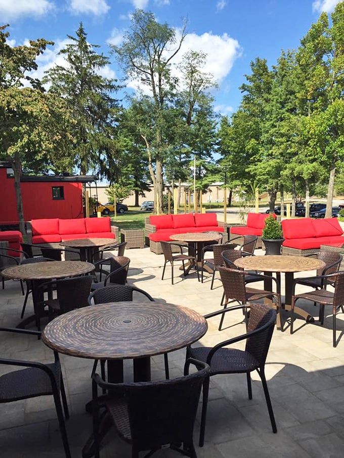 The outdoor patio with bright red cushions offers a breath of fresh air between courses &ndash; or a place to loosen your belt after that second helping.
