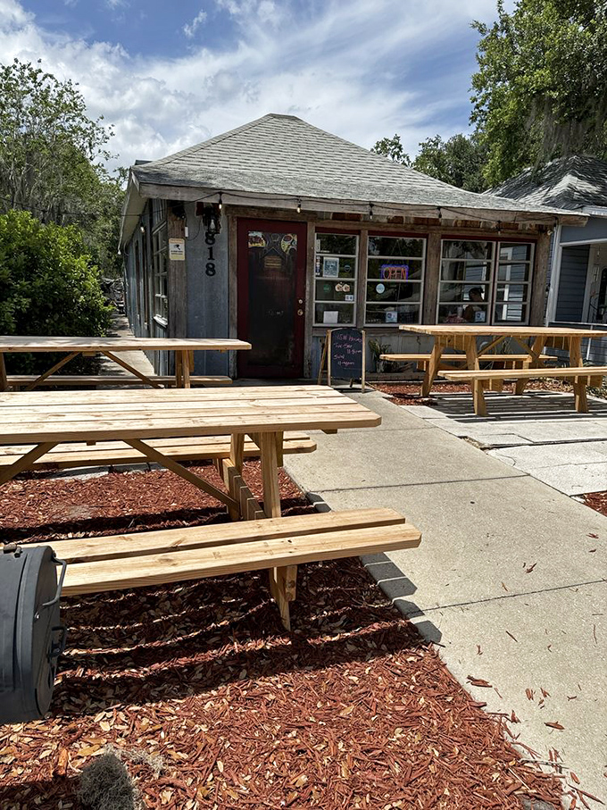 Picnic tables where BBQ memories are made. Fresh air makes everything taste better—though these meats hardly need the help.