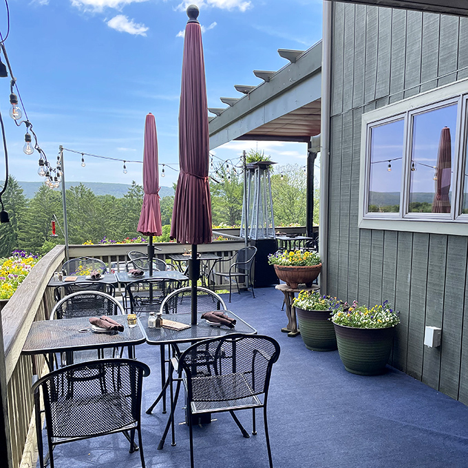 The outdoor seating area doesn't just offer tables&mdash;it offers therapy. Those mountain views paired with exceptional food create memories that outlast the meal itself.
