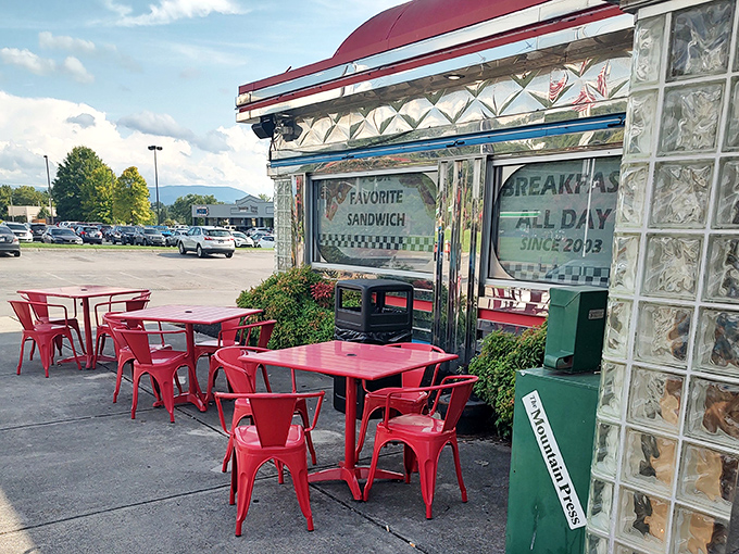 Even the outdoor seating carries that signature red diner vibe. Tennessee sunshine makes everything taste better!