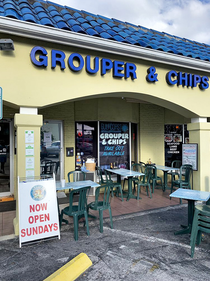 Outdoor tables where the Florida sunshine is a free side dish and the blue roof provides a splash of color to match the Gulf waters.