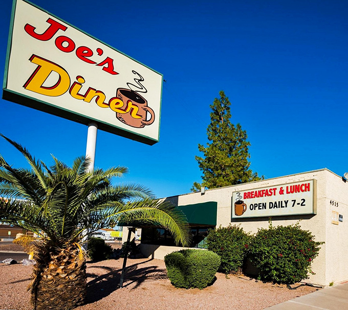 The iconic Joe's Diner sign against Arizona's impossibly blue sky&mdash;a beacon for breakfast lovers since long before brunch became trendy.