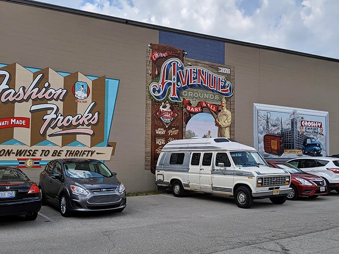 Even the exterior walls tell stories. Vintage painted advertisements, once the billboards of their day, have found a permanent home at this Cincinnati treasure.