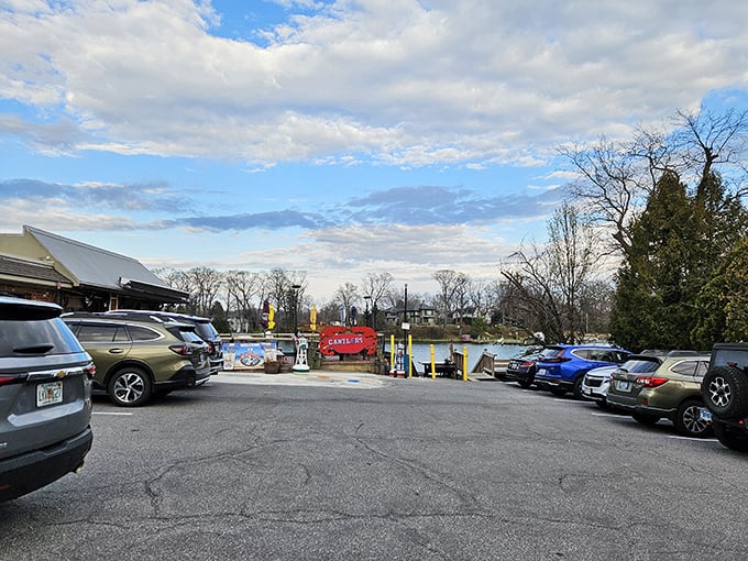 The view from the parking lot hints at the waterfront experience to come&mdash;boats, blue skies, and the promise of seafood straight from the source.