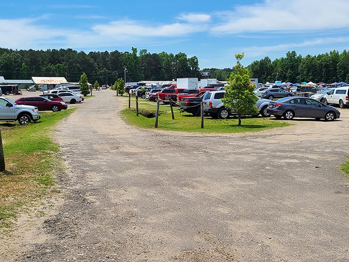 The battlefield of bargain hunting begins in this sprawling parking area, where early birds claim the best spots for a day of treasure seeking.