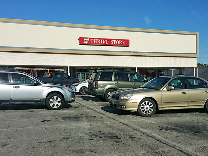 A packed parking lot tells the true story&mdash;this isn't just shopping, it's a community event. Thrifters know: arrive early for the best selection! 