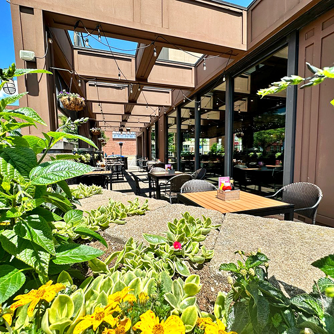 The patio offers a garden oasis for enjoying your burger amid flowers and sunshine&mdash;because vitamin D makes everything taste better. 