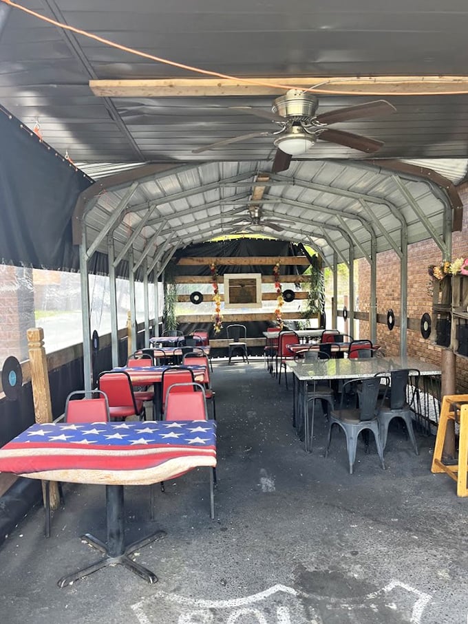 Outdoor seating with patriotic flair &ndash; where summer meals come with a side of fresh air and Americana.