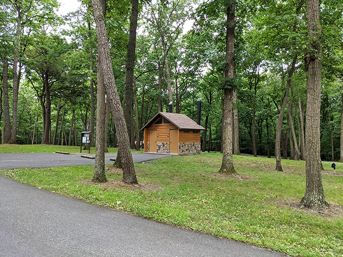 Possibly the most scenic restroom approach in Pennsylvania. Even the facilities here come with a side of natural splendor and tall timber.