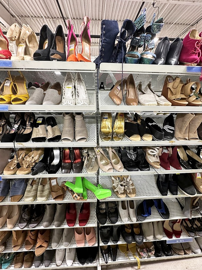 The shoe section: a podiatric United Nations where designer heels mingle with sensible flats in a democracy of footwear.