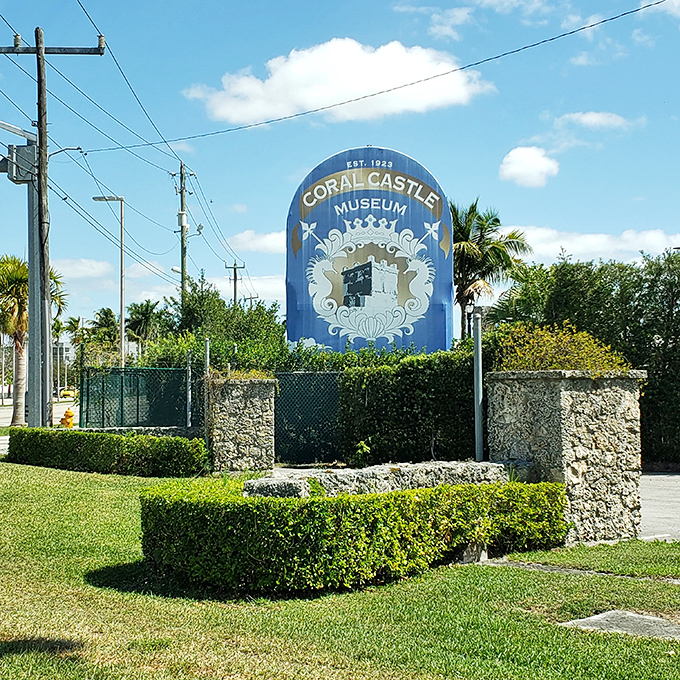 The vintage sign announces "Coral Castle Museum," established 1923&mdash;though the mystery of how it was built remains unsolved a century later.