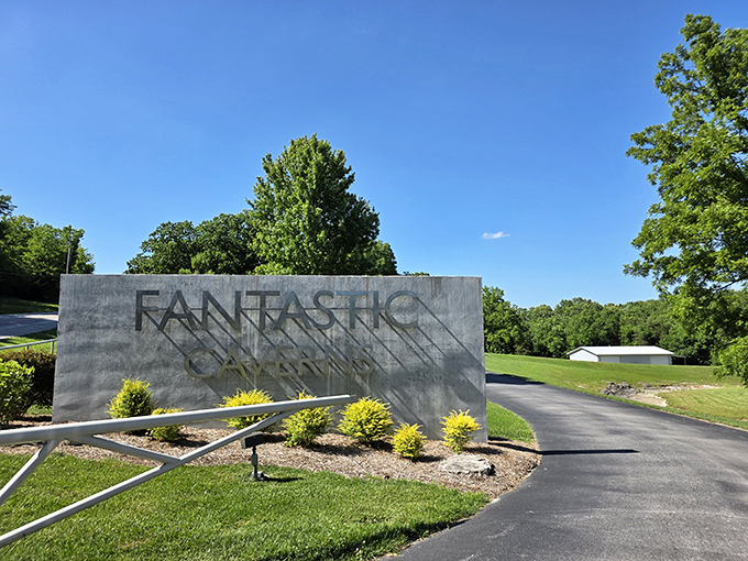 First impressions matter, even for caves. This sleek entrance sign welcomes visitors to Missouri's underground marvel with understated elegance.
