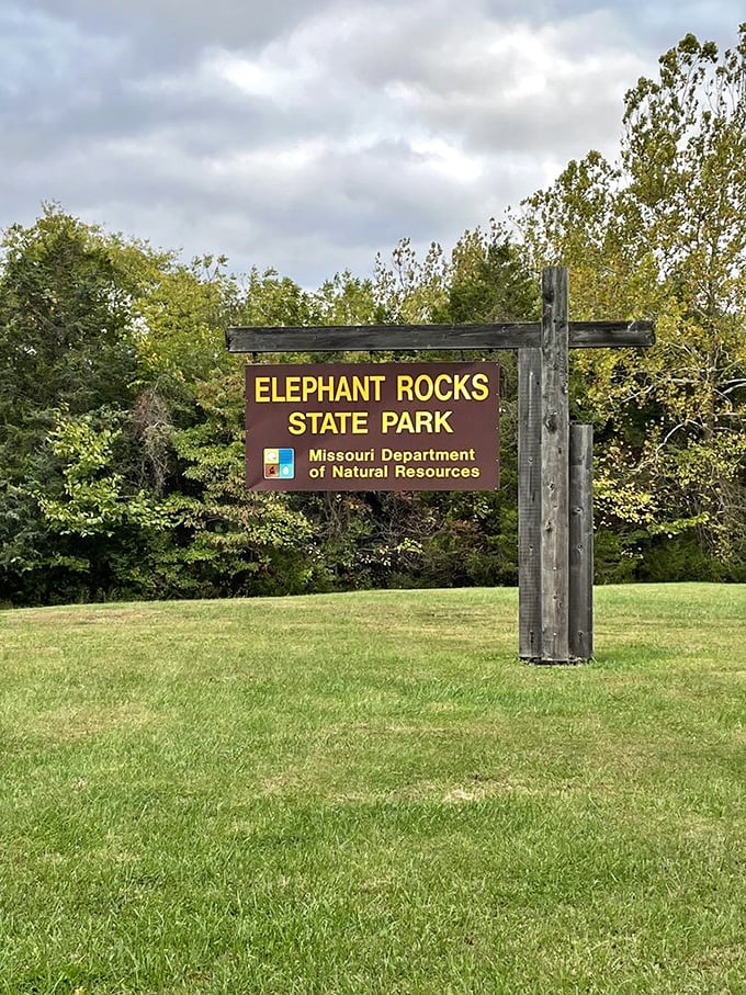 The park's entrance sign stands as a humble introduction to one of Missouri's most spectacular geological treasures&mdash;no spoilers here, just pure anticipation.