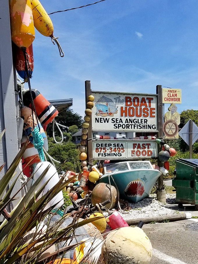 The sign promises both sportfishing and "FAST FOOD" – a California coastal two-step that's been perfecting happiness since before Instagram existed.