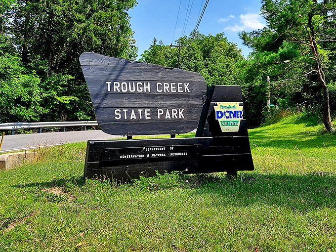 The park entrance sign: your official permission slip to abandon adulting for a few hours and rediscover what trees actually sound like.