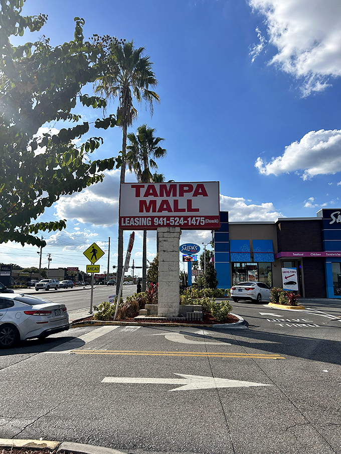 Palm trees stand guard by the Tampa Mall sign, a tropical sentinel announcing your arrival at bargain paradise.