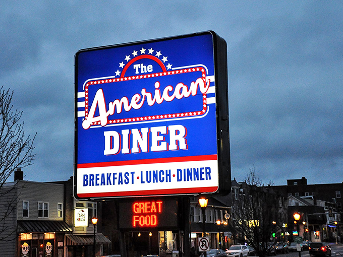 "GREAT FOOD" in red neon below the iconic sign&mdash;sometimes truth in advertising is refreshingly straightforward.