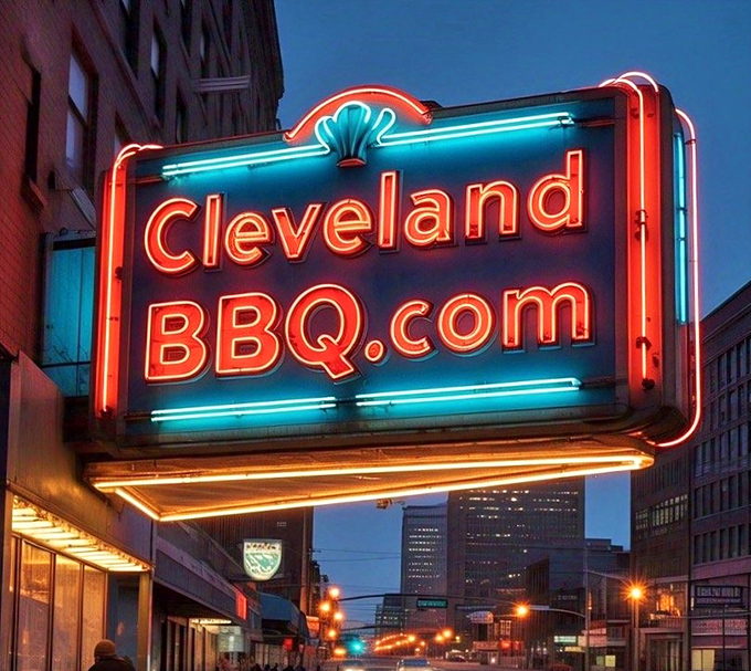 Cleveland BBQ's neon beacon calls to meat lovers like a lighthouse guides ships. Against the twilight city skyline, it promises smoky delights await below.