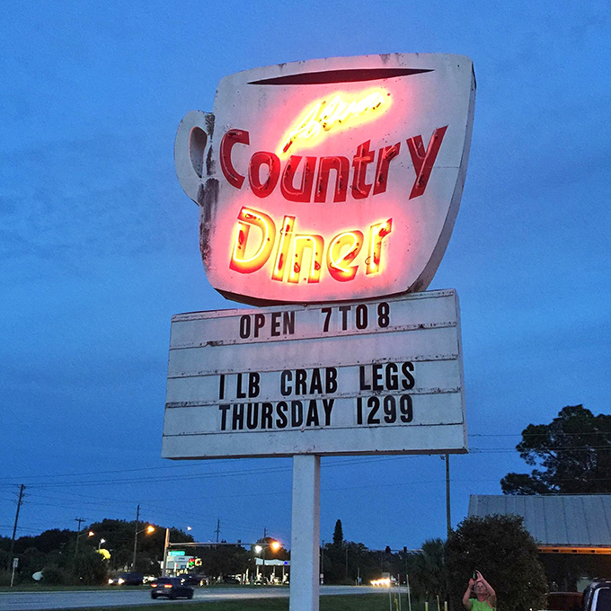 The neon sign glows against twilight blue, a lighthouse for the hungry broadcasting daily specials to passing cars like delicious Morse code.