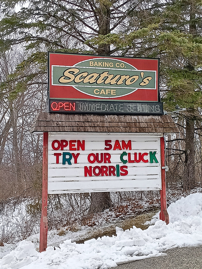 Their roadside sign proves that even in the depths of Wisconsin winter, humor and cherry pie are the perfect warming combination.