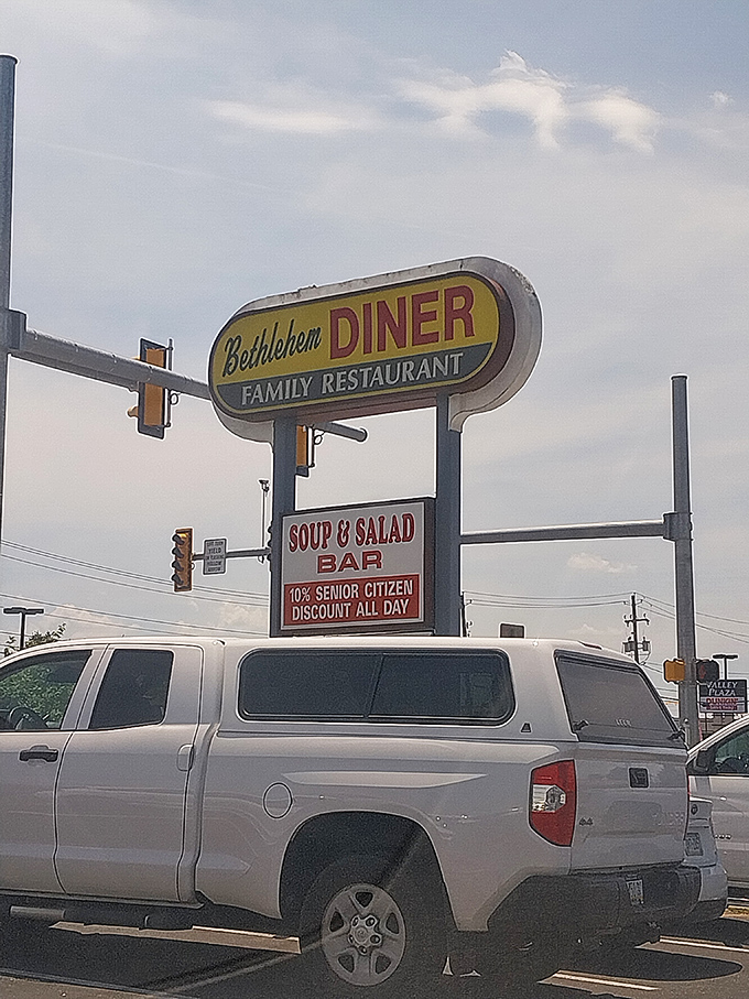 The roadside sign promises soup, salad, and senior discounts&mdash;a trifecta of diner perfection that's impossible to resist.