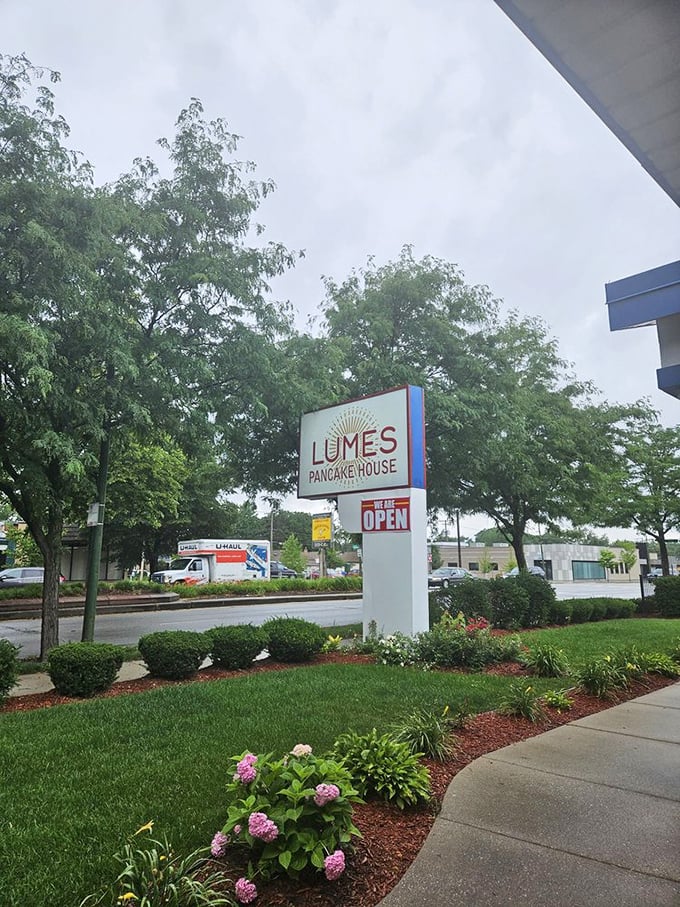 Rain or shine, the Lumes sign stands ready to guide hungry breakfast seekers to their pancake destination&mdash;like a carb-loaded North Star.