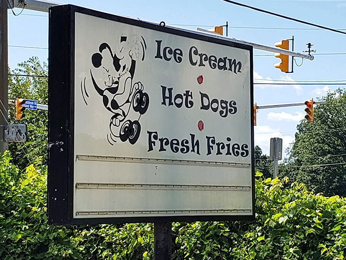 Simple signage promises three essentials: ice cream, hot dogs, and fresh-cut fries delivered perfectly.