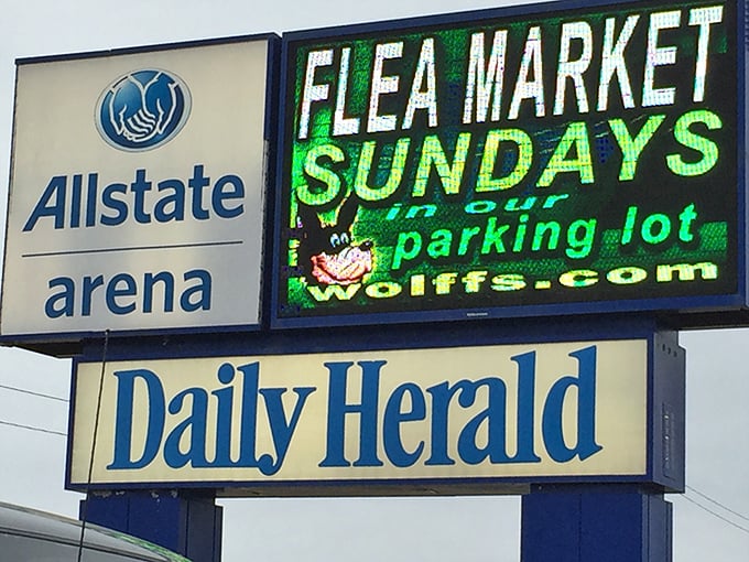 The beacon that guides Sunday treasure seekers&mdash;Wolff's neon promise of discoveries waiting in the Allstate Arena parking lot.