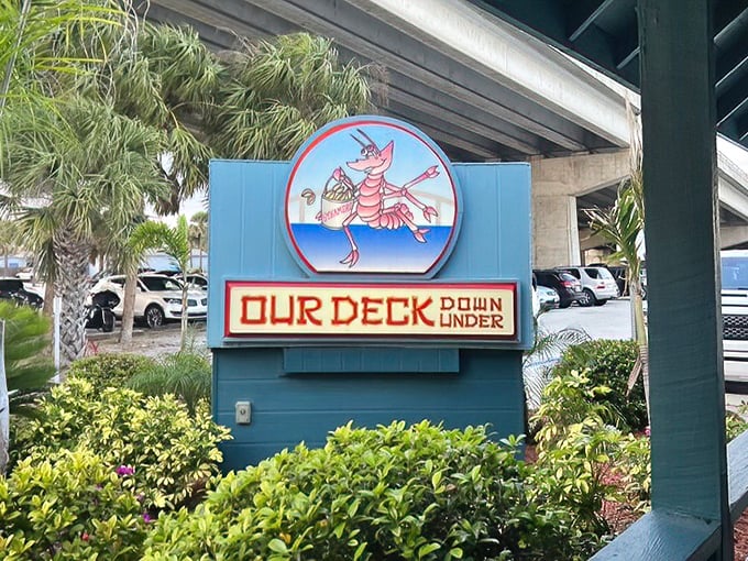 The sign that locals point to when out-of-towners ask, "Where should we eat?" A pink shrimp mascot that's welcomed countless hungry visitors to this waterfront gem.
