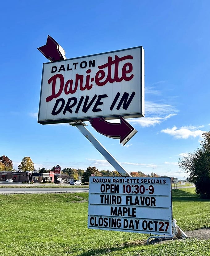 The iconic sign announces maple as the third flavor and October 27 as closing day&mdash;creating the seasonal urgency that makes summer sweeter.