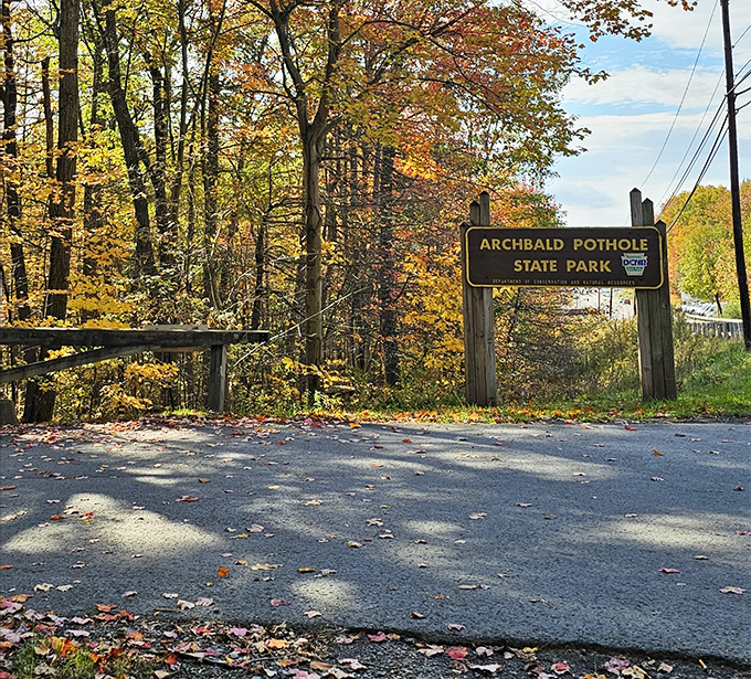 Your adventure begins here. The park's welcoming sign stands framed by autumn foliage, inviting curious travelers to discover geological history.