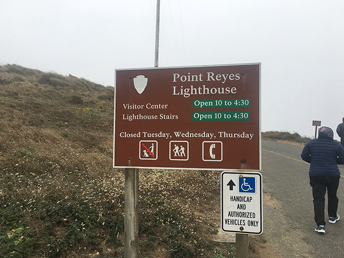 The sign tells the practical story &ndash; open Friday through Monday &ndash; but can't possibly convey the wonder waiting down those famous stairs.