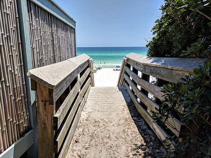 The stairway to heaven is actually made of wood and leads directly to Seagrove Beach. No harp required, just bring sunscreen.
