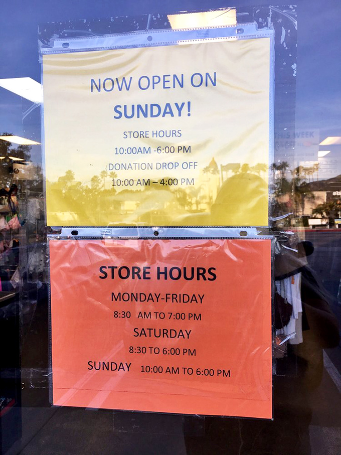 The store hours sign&mdash;your roadmap to bargain bliss. Sunday shopping is now an option for those post-brunch treasure hunting expeditions.
