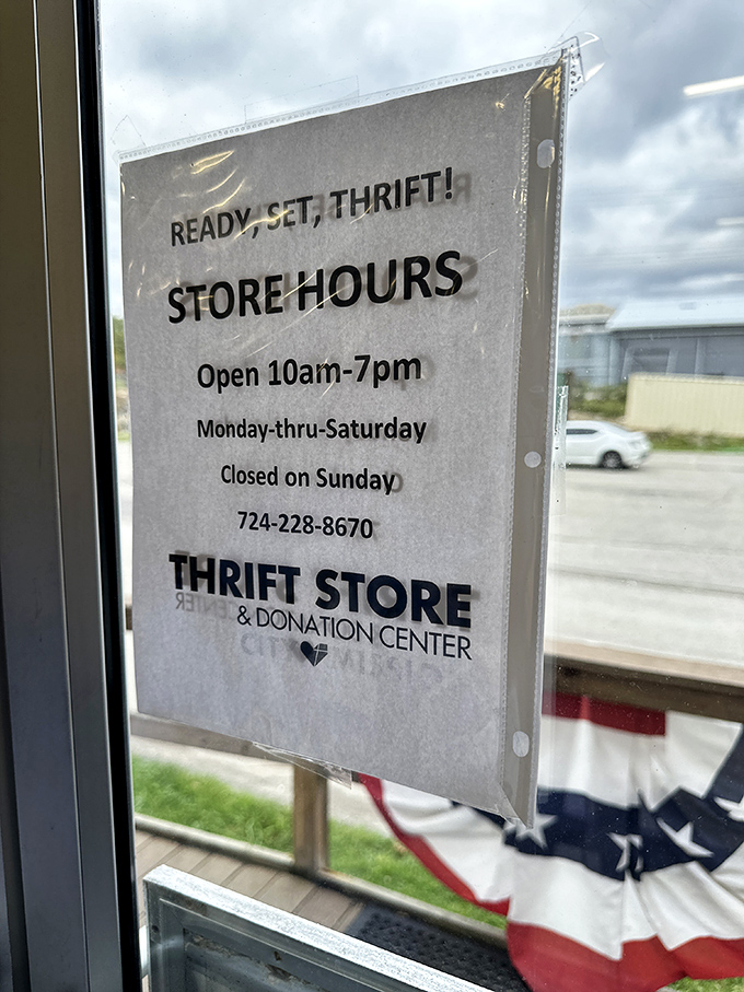 "Ready, Set, Thrift!" The store's playful hours sign perfectly captures the competitive sport that is treasure hunting at City Mission.