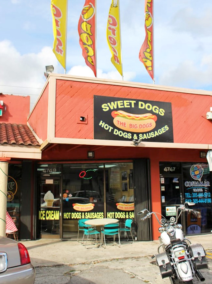 Colorful flags flutter above this hot dog haven like a permanent celebration. In Miami's food scene, this coral landmark has earned every one of them.