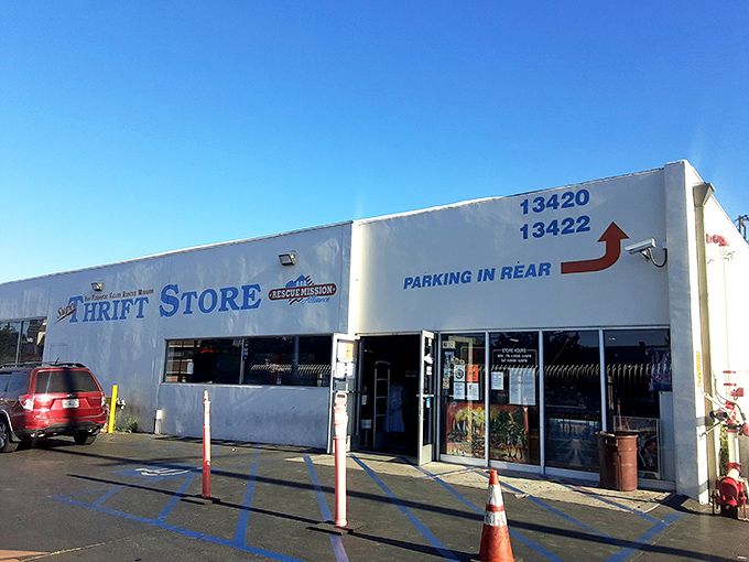 Blue skies and bigger bargains await at this North Hollywood institution. The parking sign points the way to thrifting paradise.