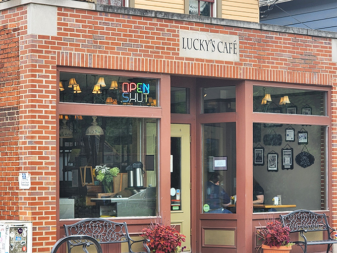 The storefront's vintage charm and welcoming entrance say everything about Lucky's philosophy: unpretentious excellence served daily with a side of community.