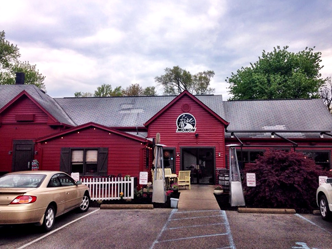 A picture-perfect small-town restaurant scene. The red building stands out like a delicious landmark against Indiana's changeable skies.