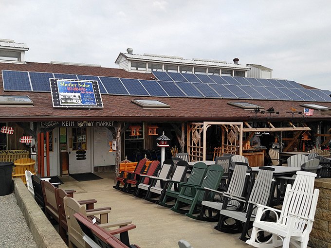 Solar panels meet rocking chairs in perfect harmony. This storefront proves sustainability and tradition aren't enemies&mdash;they're actually quite comfortable neighbors.