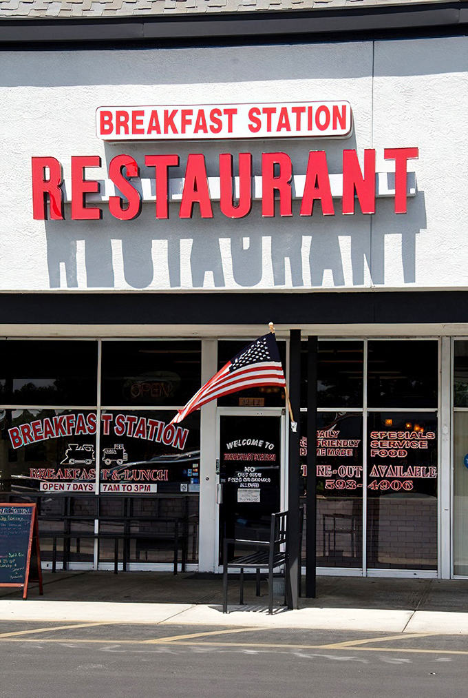 The American flag stands guard outside&mdash;because patriotism begins with supporting local breakfast joints that understand the importance of home fries.